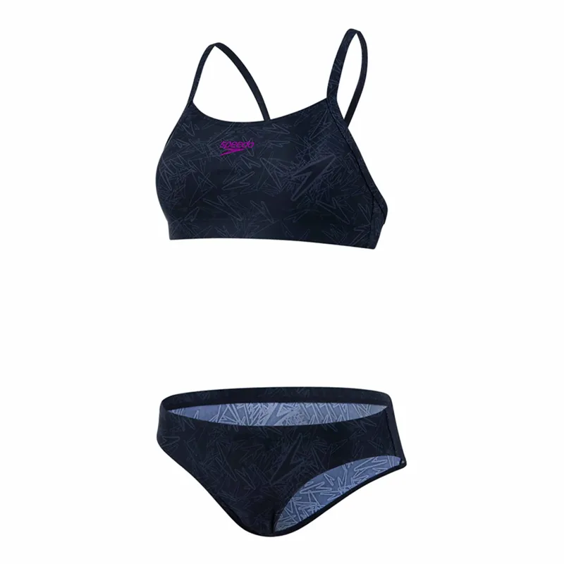 Speedo Women s Boom Allover 2 Piece Swimsuit Black Grey 30